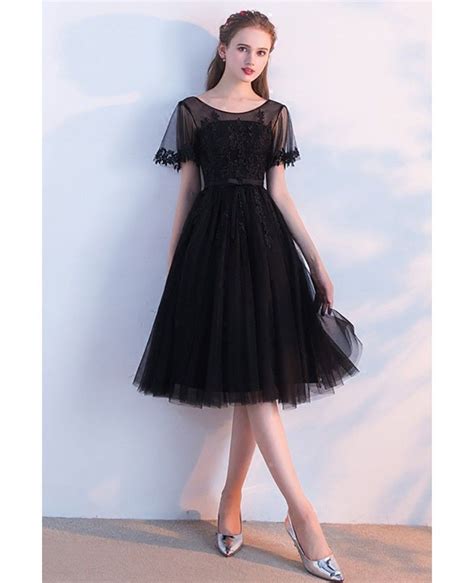 11899 Modest Illusion Round Neck Black Homecoming Dress Knee Length