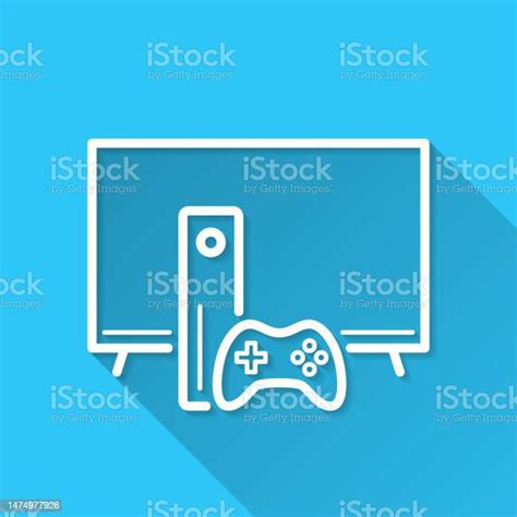 게임 콘솔이 있는 Tv 파란색 배경에 아이콘 긴 그림자가 있는 평면 디자인 3차원 형태에 대한 스톡 벡터 아트 및 기타 이미지