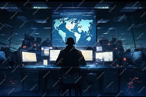 Premium Ai Image Hacker Sitting At The Computer Cyber Security And Antispyware Concept Ai
