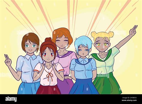 Anime Girls Group Stock Vector Image Art Alamy