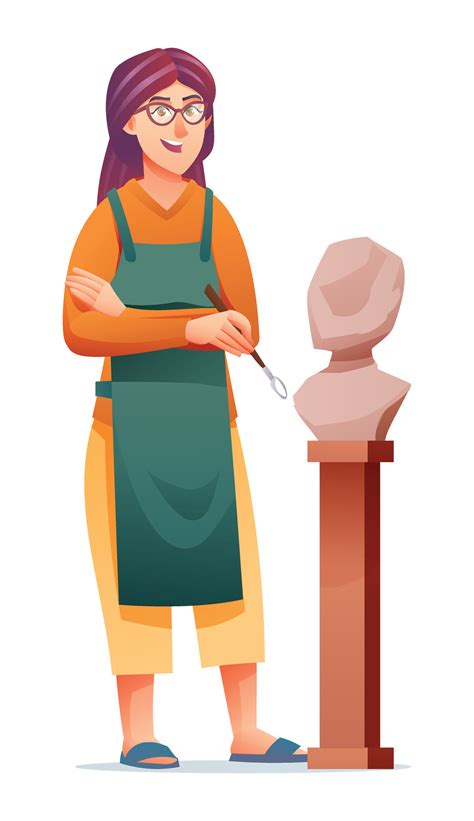 Woman Sculptor Making Sculpture With Sculpting Tool Vector Cartoon
