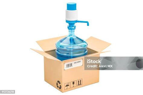 골 판지 상자 배달 개념 안에 펌프 디스펜서 물 병 흰색 배경에 고립 된 3 차원 렌더링 병에 대한 스톡 사진 및 기타 이미지 Istock