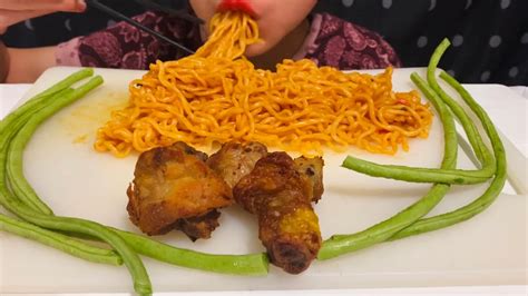 Asmr Mukbang Samyang Spicy Noodles Fried Chicken And Long Green Beans