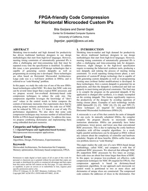 PDF FPGA Friendly Code Compression For Horizontal Microcoded Custom IPs