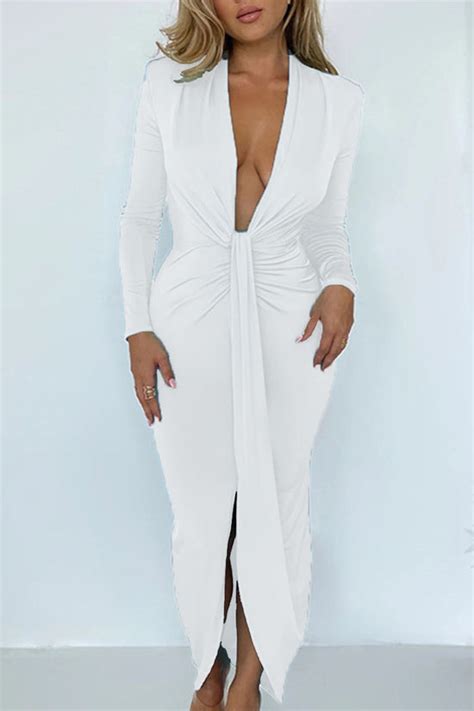 Sexy Solid Patchwork Slit Fold Asymmetrical V Neck One Step Skirt Dres