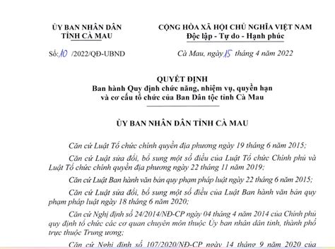 Cà Mau Ban Hành Chức Năng Nhiệm Vụ Quyền Hạn Và Cơ Cấu Tổ Chức Của