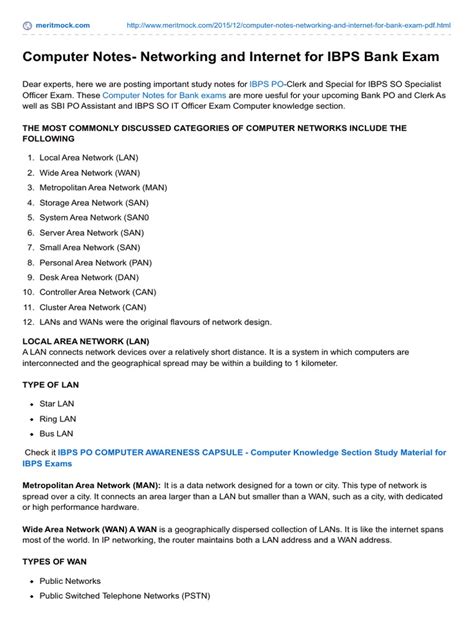 Computer Notes Networking And Internet For Ibps Bank Exam Download Free Pdf Network