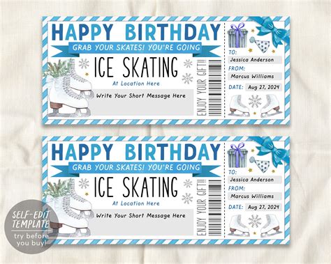 Ice Skating T Voucher Editable Template Birthday Surprise Skating