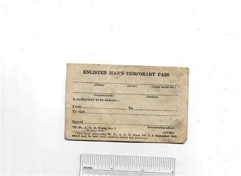 1943 Ww2 Enlisted Mans Temporary Pass Blank Card Wwii Paper Document