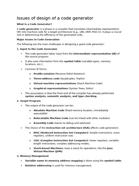 Issues Of Design Of A Code Generator Pdf Parsing Compiler