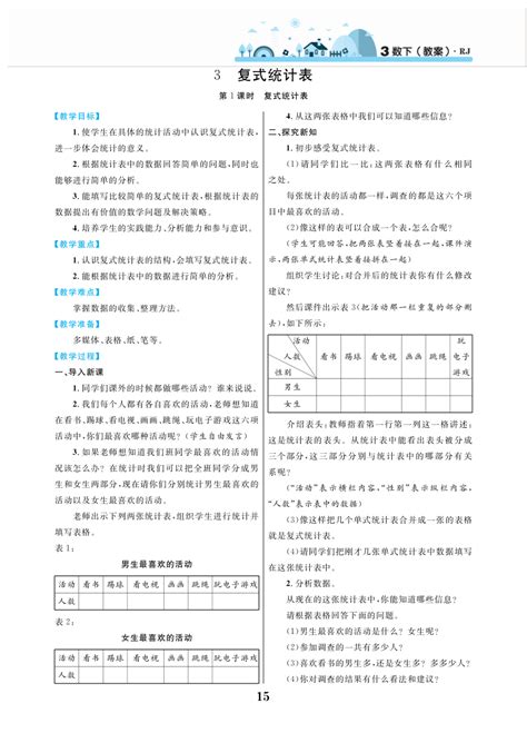 【人教版】数学三年级下册 3 复式统计表 教案（pdf版） 21世纪教育网