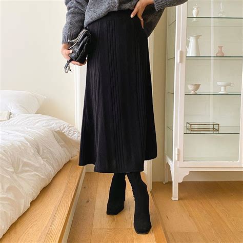 Vy 여자 스웨터 에이라인 골지 고무줄 롱 스커트