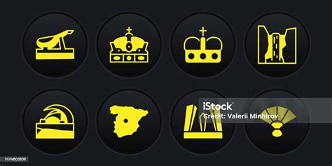 세트 콘서트 홀 드 테 네리 페 Algar 폭포 스페인지도 게이트 유럽 크라운 스페인 팬 플라멩코 및 스페인어 하몽 아이콘 벡터 건축하기에 대한 스톡 벡터 아트 및 기타