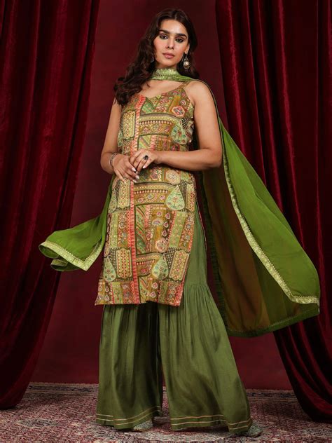 Buy Libas Art Green Woven Design Silk Blend Straight Sharara Suit Set