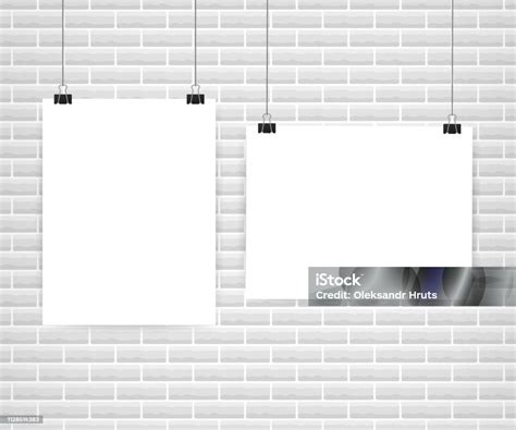 백인 포스터 바인더에 매달려입니다 빈 빈 종이를 모의와 회색 벽입니다 벡터 일러스트입니다 0명에 대한 스톡 벡터 아트 및 기타