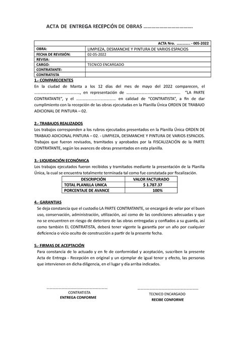 Modelo De Acta De Entrega Acta De Entrega De Materiales 2019 I Acta