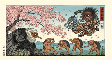 Japanese Yokai And Cherry Blossoms Ukiyo E Style Illustration Stock