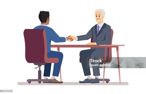 고위 상사 고용 직원 플랫 벡터 그림입니다 고용주는 새로운 노동자 구직자 만화 캐릭터와 손떨림 최고 관리자 채용 담당자 및 공석