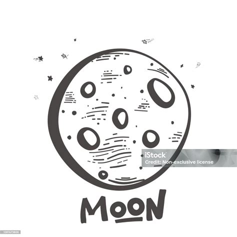 달과 달 분화구 낙서 스타일 문 로고 디자인 크리에이티브 로고 나이트 엠블럼 보름달 달의 실루엣 흑백 아이콘 흰색 배경에서 격리된 벡터 그림입니다 가득 찬에 대한 스톡 벡터