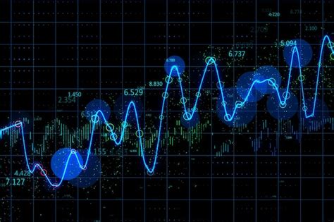 추상적인 빛나는 디지털 파동 그래프와 숫자 점 불 그리고 어두운 기술 배경에 숫자를 가진 통계 및 무역 개념 3d 렌더링