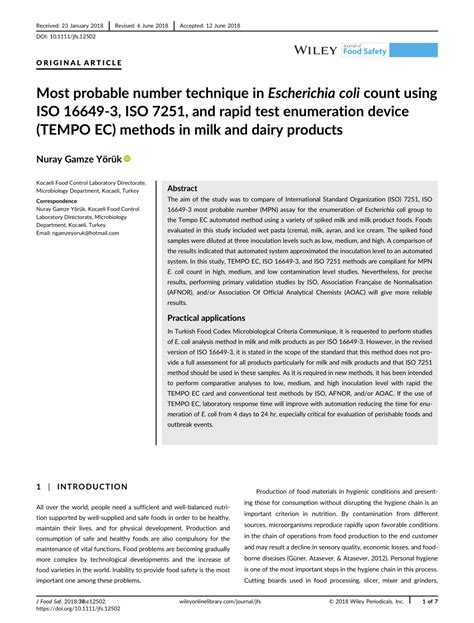 Pdf Most Probable Number Technique In Escherichia Coli Count Using Iso 16649‐3 Iso 7251 And
