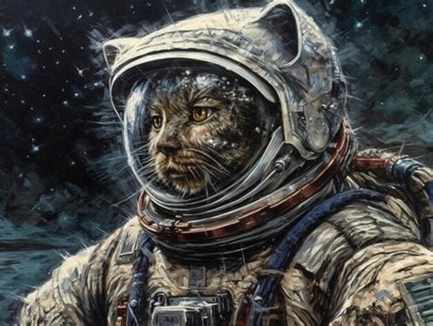 우주복을 입은 고양이 그림 프리미엄 사진