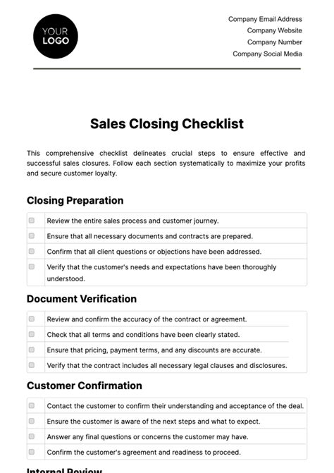 Free Sales Closing Checklist Template To Edit Online