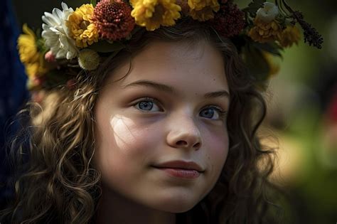 Premium Ai Image Close Up Of Girls Face With Flowers In Her Hair And
