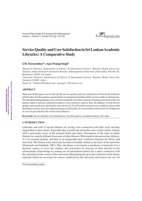 (PDF) Service Quality and User Satisfaction in Sri Lankan Academic Libraries: A Comparative Study