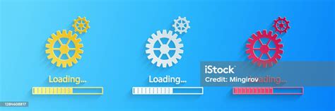 파란색 배경에 격리된 용지 절단 로딩 및 기어 아이콘 진행률 표시줄 아이콘입니다 시스템 소프트웨어 업데이트 로딩 프로세스 기호입니다 종이 아트 스타일 벡터 Crash