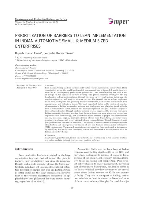pdf prioritization of barriers to lean implementation in indian