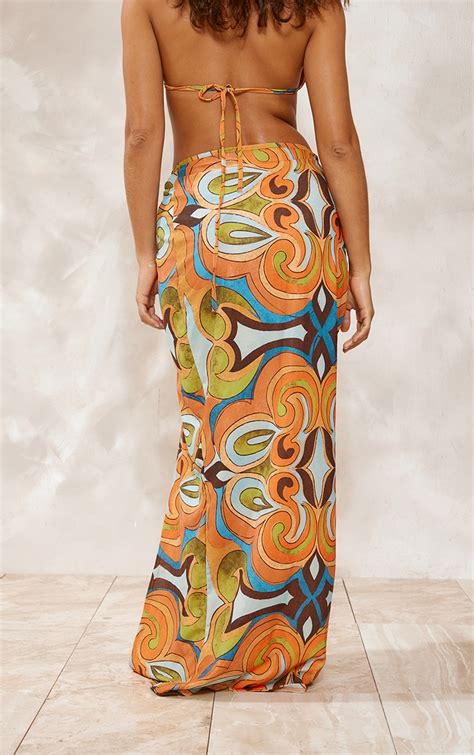 Orange Mosaic Printed Tie Maxi Beach Sarong Swimwear Prettylittlething