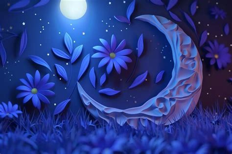 Premium Photo Cute Eid Al Fitr Greeting Background Decorated With 3d Crescent Moon And Flowers
