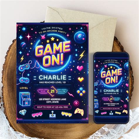 Editable Arcade Party Birthday Invitation Card Printable Template Arcade Birthday Party Digital