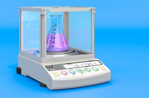 분석 저울 파란색 배경에 화학 플라스크가 있는 디지털 실험실 스케일 3d 렌더링 과학에 대한 스톡 사진 및 기타 이미지 과학 규모 균형 Istock