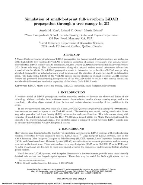 Pdf Simulation Of Small Footprint Full Waveform Lidar Propagation Through A Tree Canopy In 3d