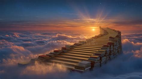 Sunrise Over A Symbolic Staircase Made Of Books Leading Up To A School