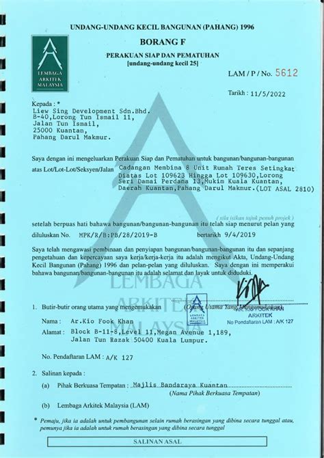 Certificate Of Completion And Compliance Impian Perdana Iii Liew Sing Development Sb