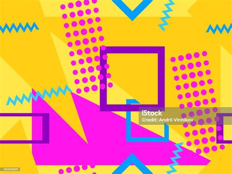 80 년대 스타일의 기하학적 모양이있는 매끄러운 패턴 홍보 제품 포장지 및 인쇄를 위한 다색 삼각형 원 및 지그재그 벡터 일러스트레이션 1980 1989 년에 대한 스톡