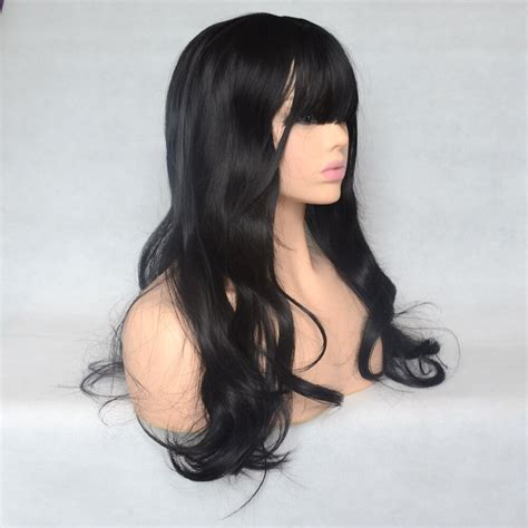Peruca C Franja Ondulada Preta Cm Premium Hair Wig Cap MercadoLivre