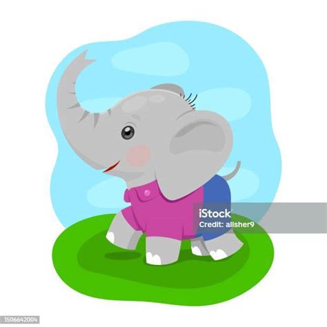 ลูกช้างตัวน้อยมีความสุขในสไตล์การ์ตูนสวมเสื้อเชิ้ตสีม่วงและกางเกงขาสั้นสีน้ําเงิน ภาพประกอบสต็อก