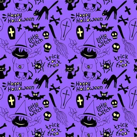 Happy Halloween Seamless Pattern With Set Of Icons Witch Broom Bones