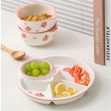 蜜桃减脂餐盘一人食家用早餐餐具儿童陶瓷减肥定量盘子三格分餐盘虎窝淘
