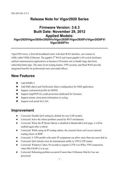 Release Note For Vigor2920 Series Firmware Version 36 Draytek