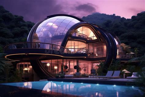 A Dome Shaped Glass House With A Futuristic Cyberpunk Style Creates An