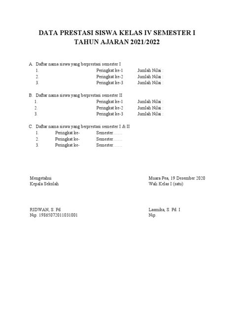Data Prestasi Siswa Kelas Iv Semester I Tahun Ajaran 202122 Pdf