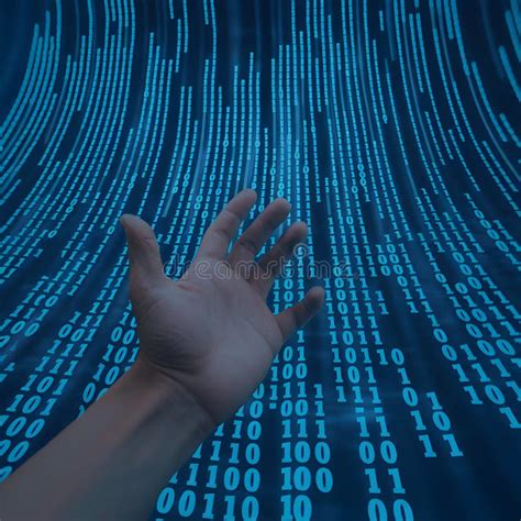 human hand with binary code hand reaching through cascading binary code