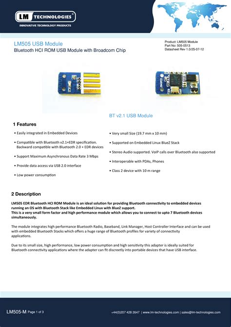LM Technologies LM505 BLUETOOTH HCI USB MODULE User Manual LM505 Module Datasheet FCC
