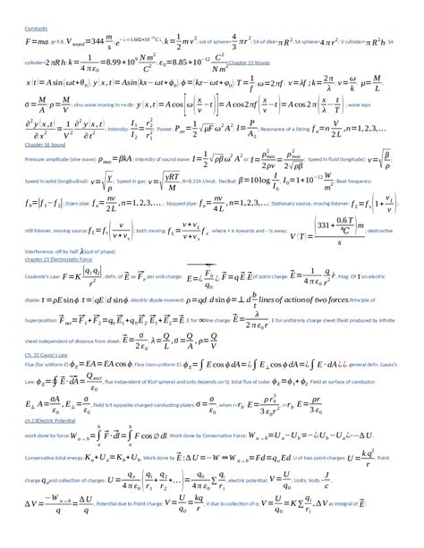 Foundations Of Physics I Formula Sheet Phys 2306 Docsity