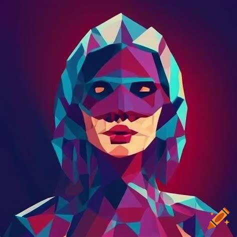 Portrait Of A Retro Style Polygon Masked Hero Girl With Fire Powers